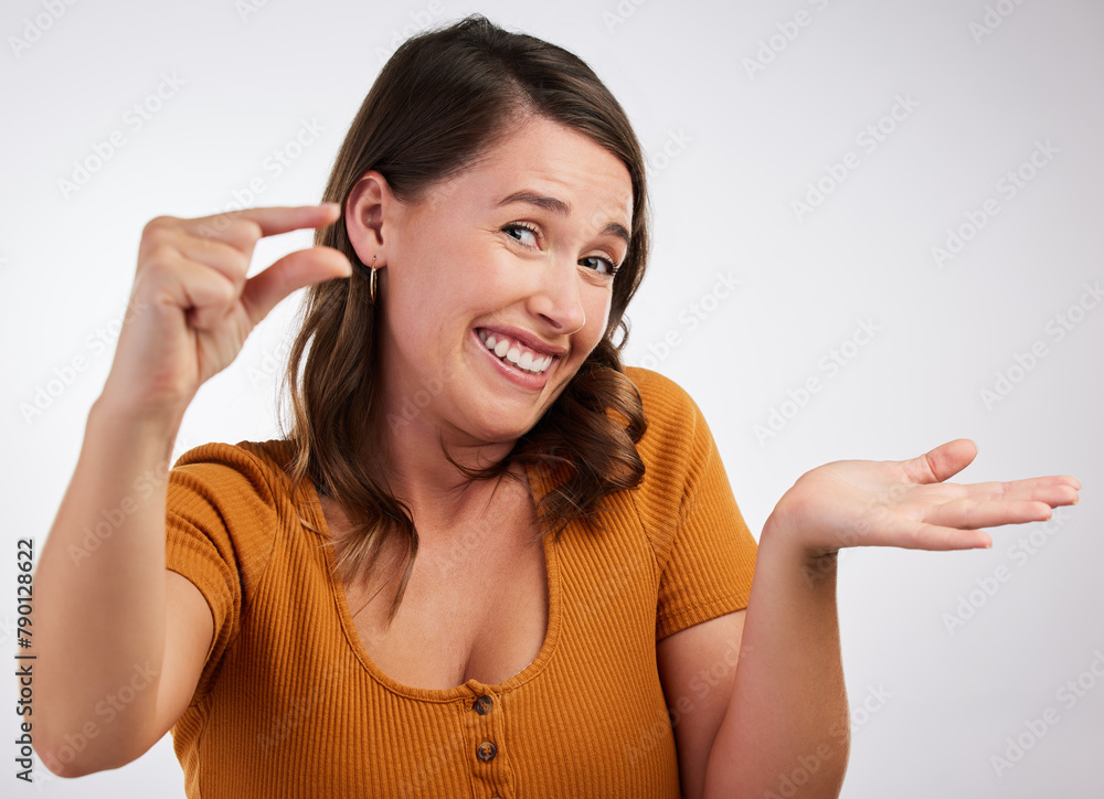 Portrait, smile or woman with small hand palm space in studio for scale ...