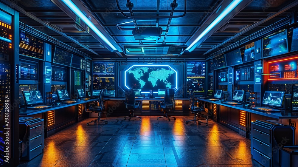 Cybersecurity command center, neonlit, technicians monitor digital ...