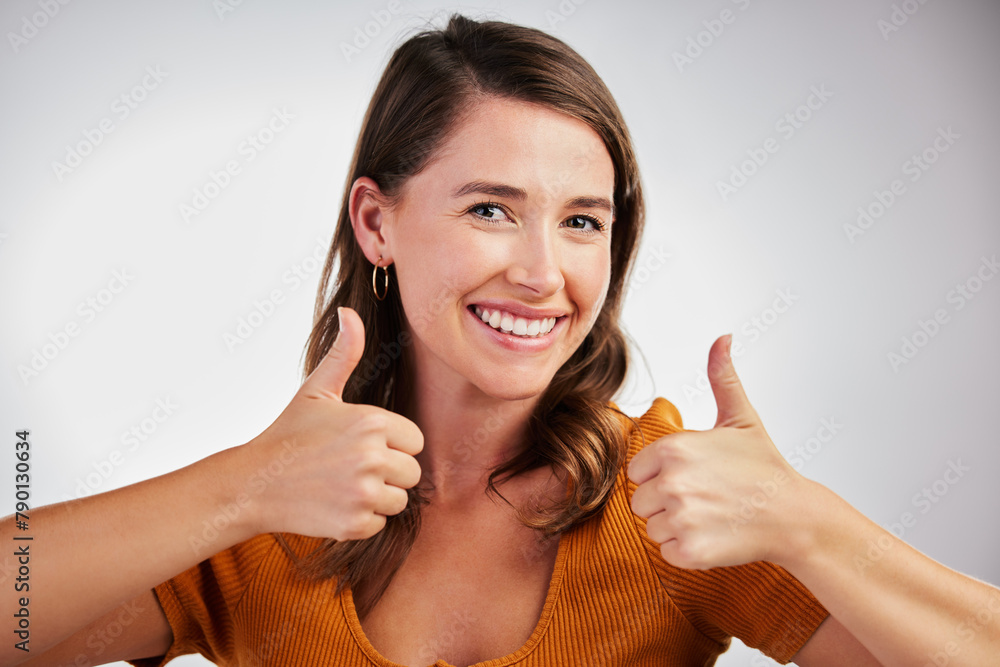 Happy woman, portrait and winning with thumbs up for success or good ...