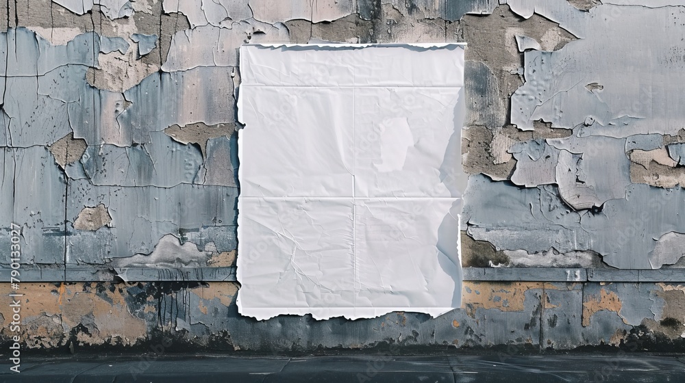 Poster template with wrinkles in white. Mockup with glued paper on ...