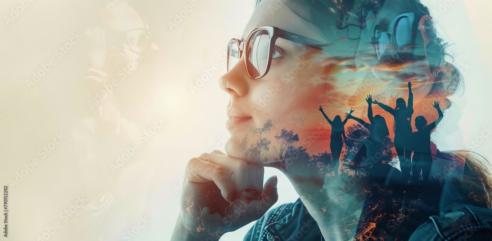 Double exposure of a business woman thinking and a cheering crowd ...