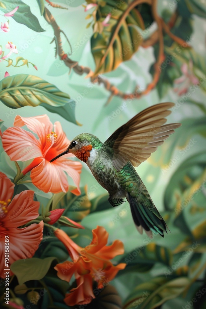 Beautiful Hummingbird in Flight Among Vibrant Tropical Flowers and Lush ...
