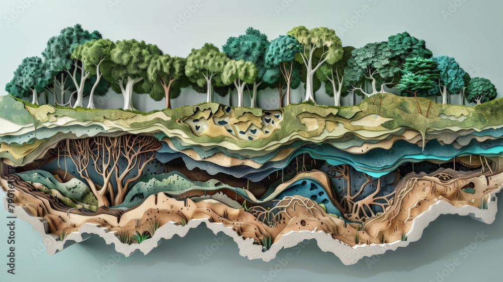 A cross-section papercut landscape, revealing the hidden layers of the ...