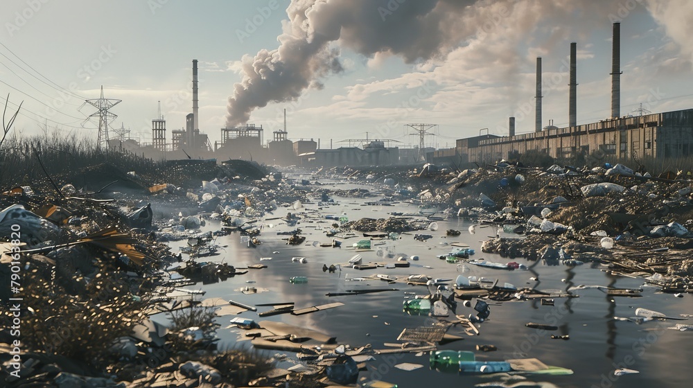 A hyperrealistic image of a polluted river, overflowing with trash and ...
