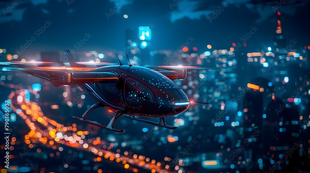 Air taxi and city view at night. Air vehicle. Personal air transport ...
