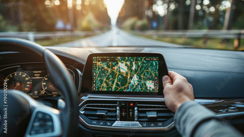 Driver's hand using a touchscreen navigation system in a modern car ...