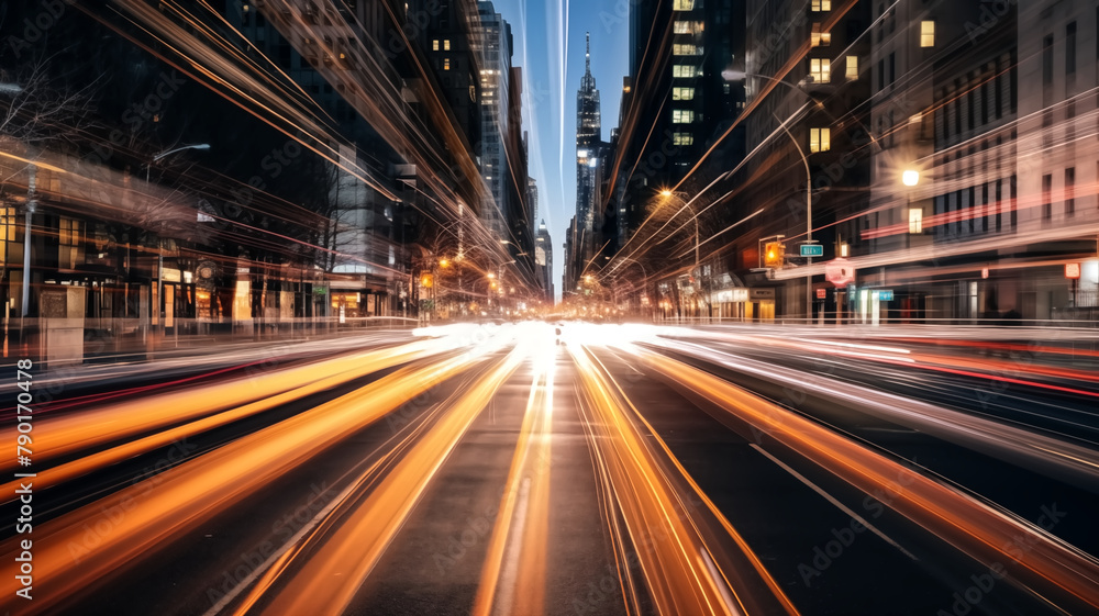 Long exposure shot of city street at twilight capturing motion blur of ...