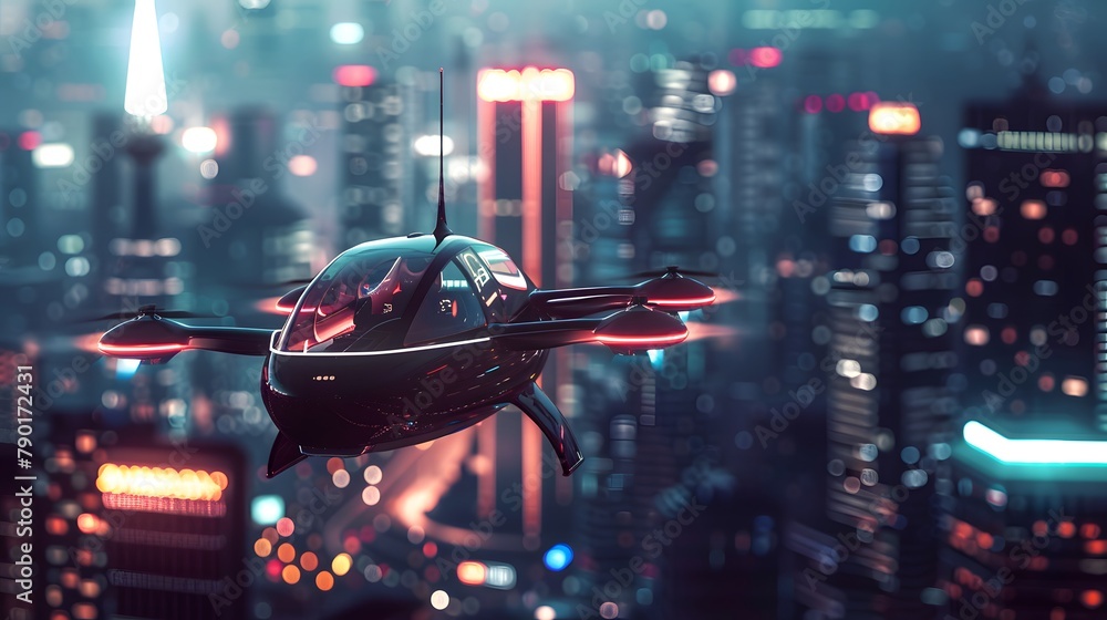 Air taxi and city view at night. Air vehicle. Personal air transport ...