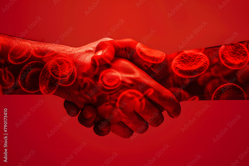A close-up of a handshake with a translucent red overlay of blood cells ...