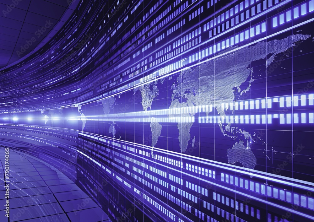 Digital Background with Computer Screens and Web Pages, Binary Code and Digital World Maps, Blue ...