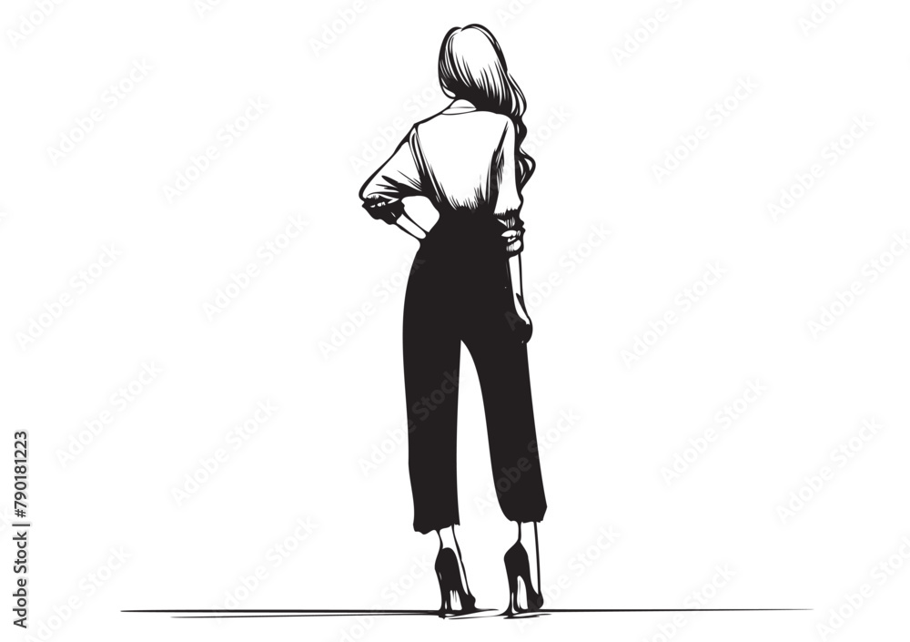 Woman standing back one line drawing on white isolated background ...