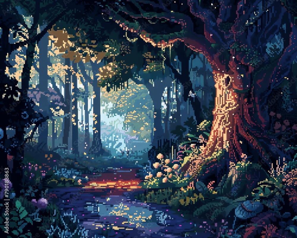 Craft a pixel art scene of a mystical forest with fantastical creatures ...