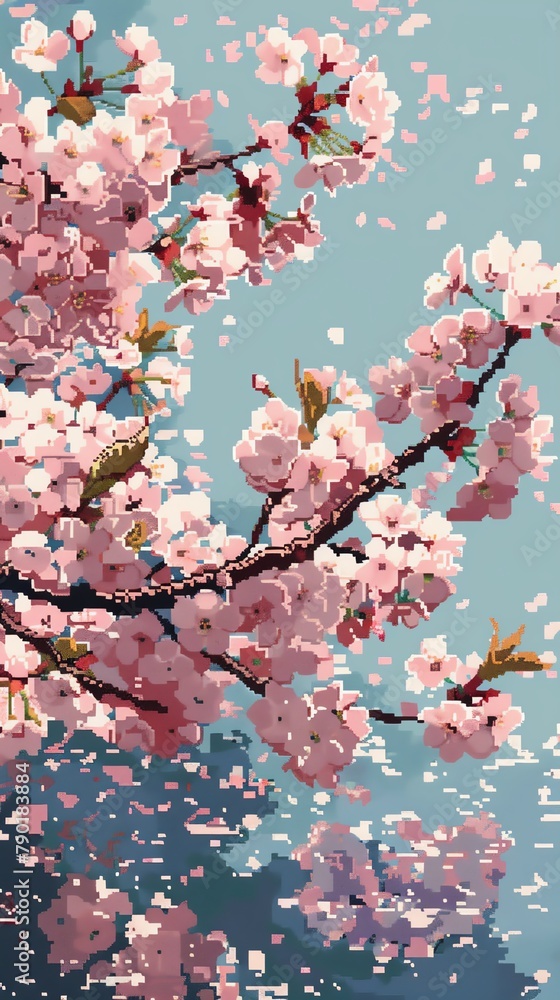 Craft a pixel art representation of a close-up view of spring sakura ...