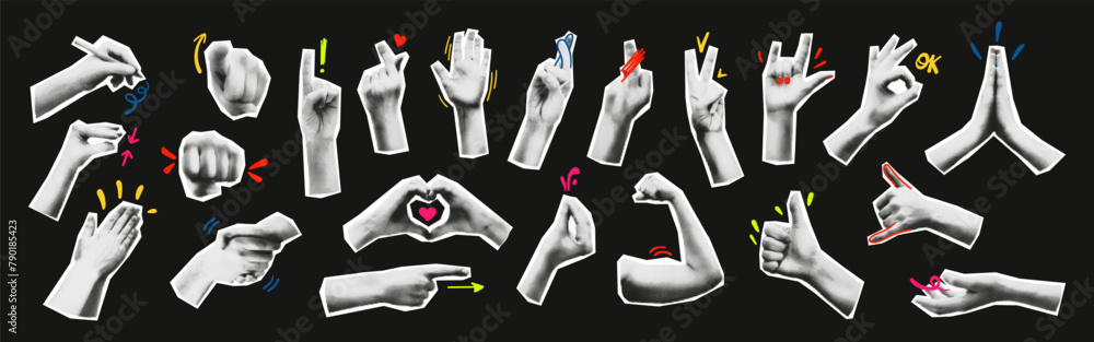 Trendy halftone collage elements set. Cut out from magazine hand emoji ...