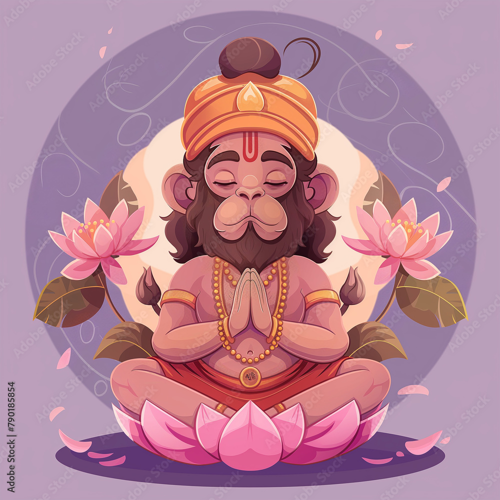 A cartoon Hanuman in a meditative pose on a lotus flower illustration ...