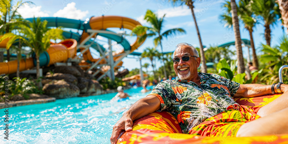 Senior citizen floating on a lazy river ride inner tube at a water park ...