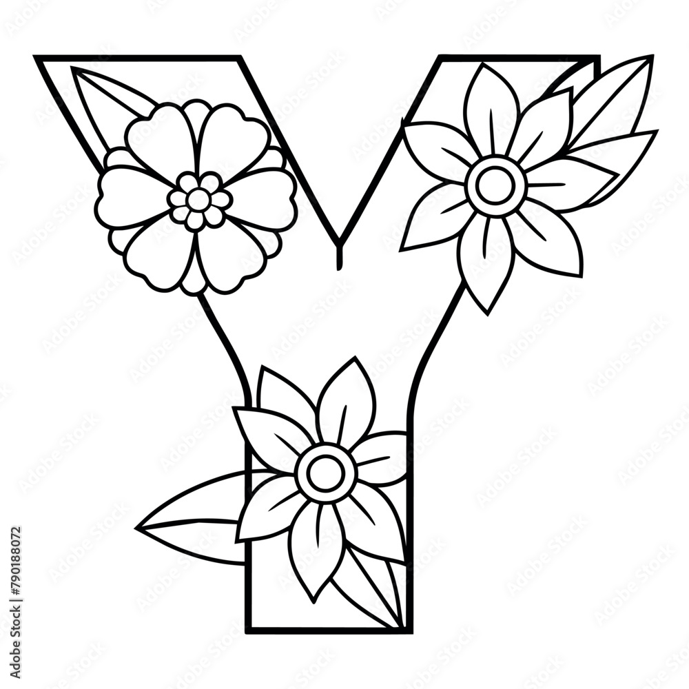 Alphabet Y coloring page with the flower, Y letter digital outline ...