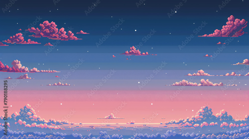 An 8-bit video game backdrop displaying a serene pixelated evening sky ...