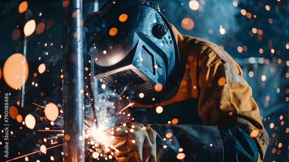 Welder welding metal with argon arc welding machine and has welding ...