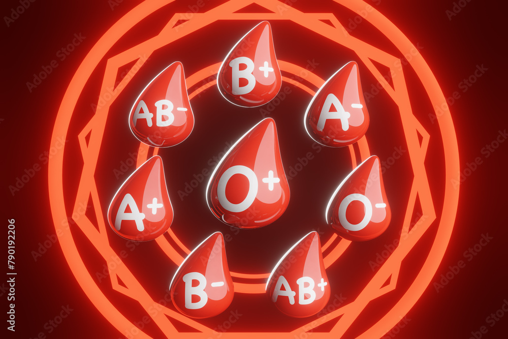 Red 3D droplets having 8 different blood types in white with glowing ...