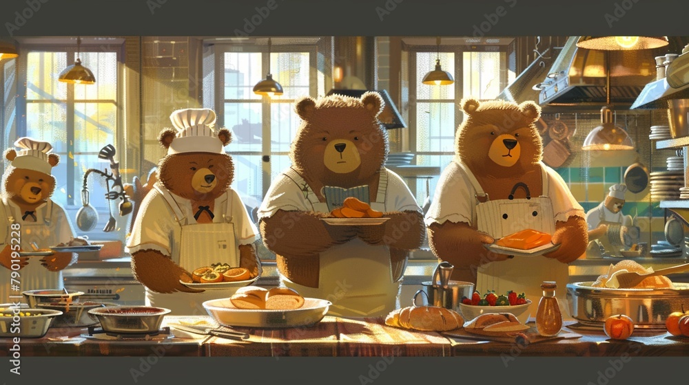 Bears as chefs in a busy restaurant kitchen Stock Illustration | Adobe ...