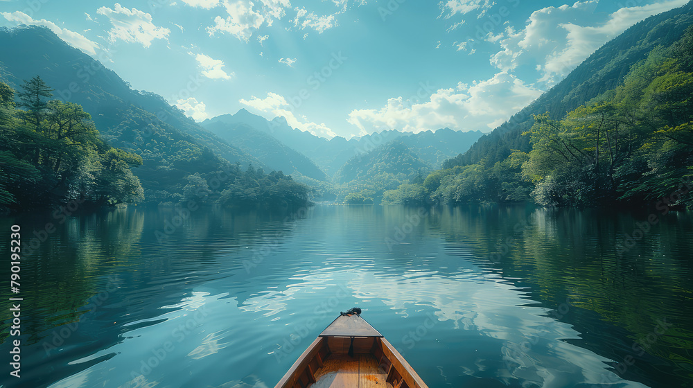 Cinematic photo of the front view from inside an old wooden canoe ...