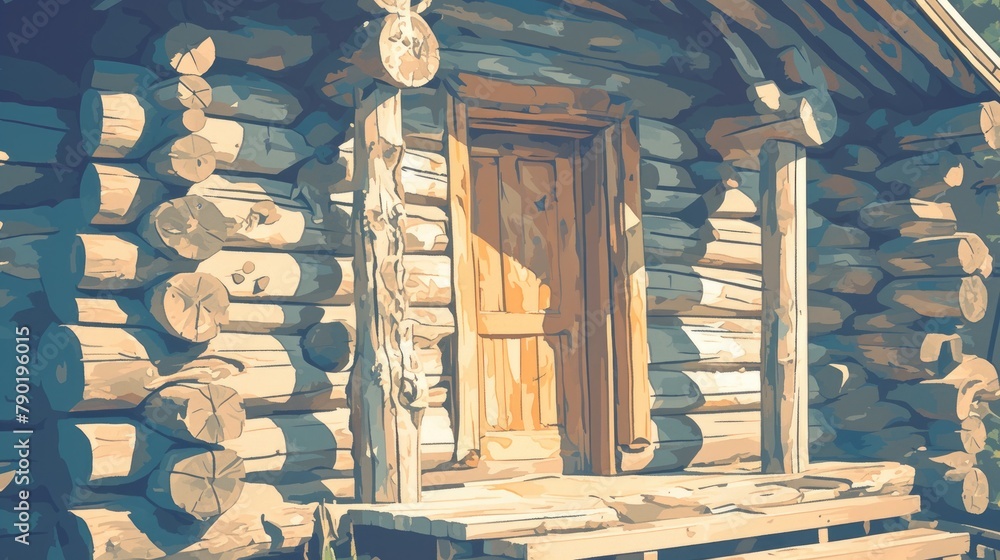 Illustration of a rustic log cabin made from processed logs featuring ...