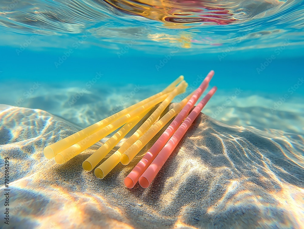 A bunch of plastic straws are laying on the sand. The straws are yellow ...