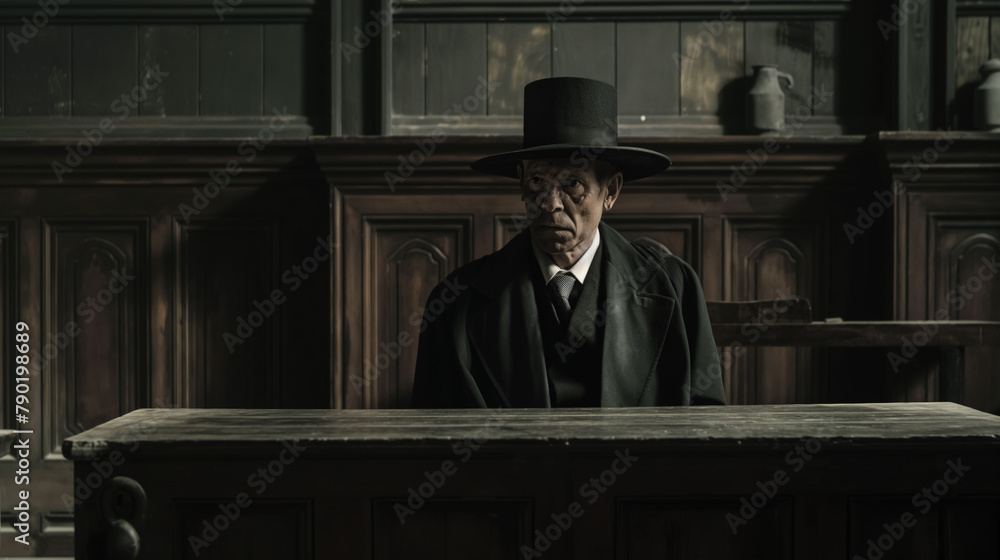Solemn man dressed in vintage clothing, including a top hat, sits alone ...