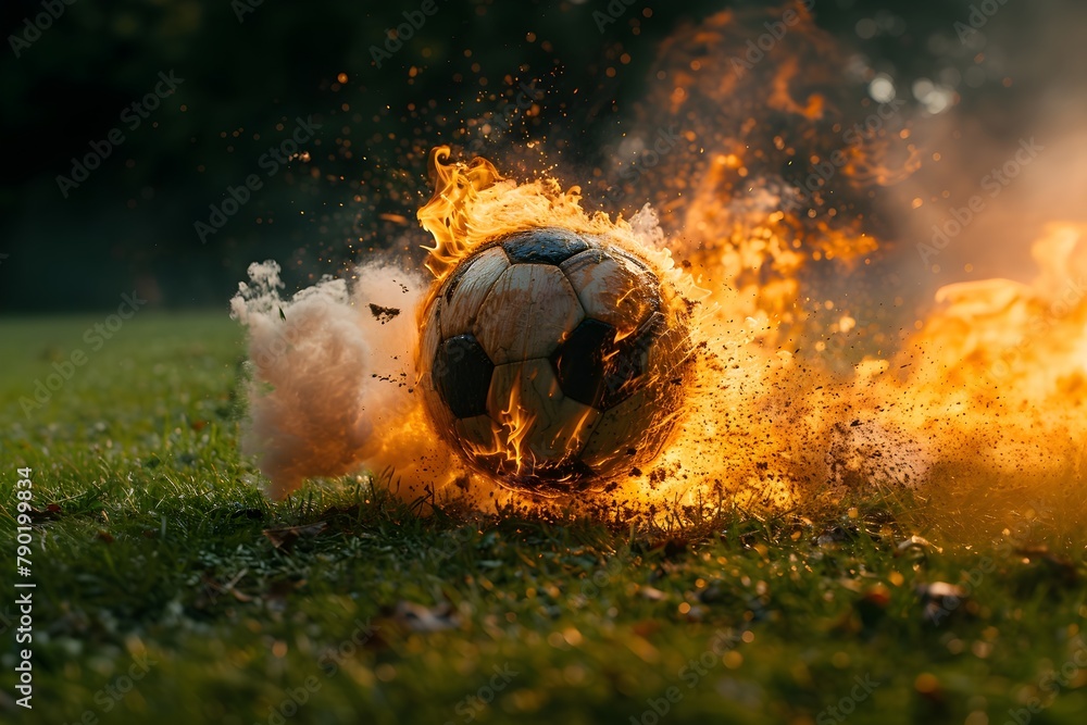 Un balon de fútbol soccer con fuego en el pasto verde de la cancha. Concepto deportivo, pasion ...
