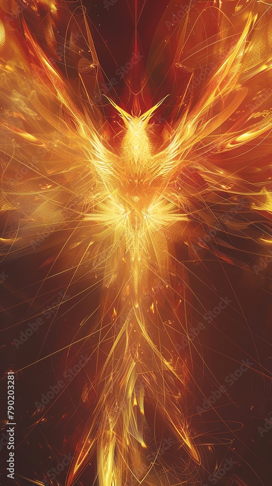 Illustrate a captivating phoenix in a frontal view, with fiery golden ...