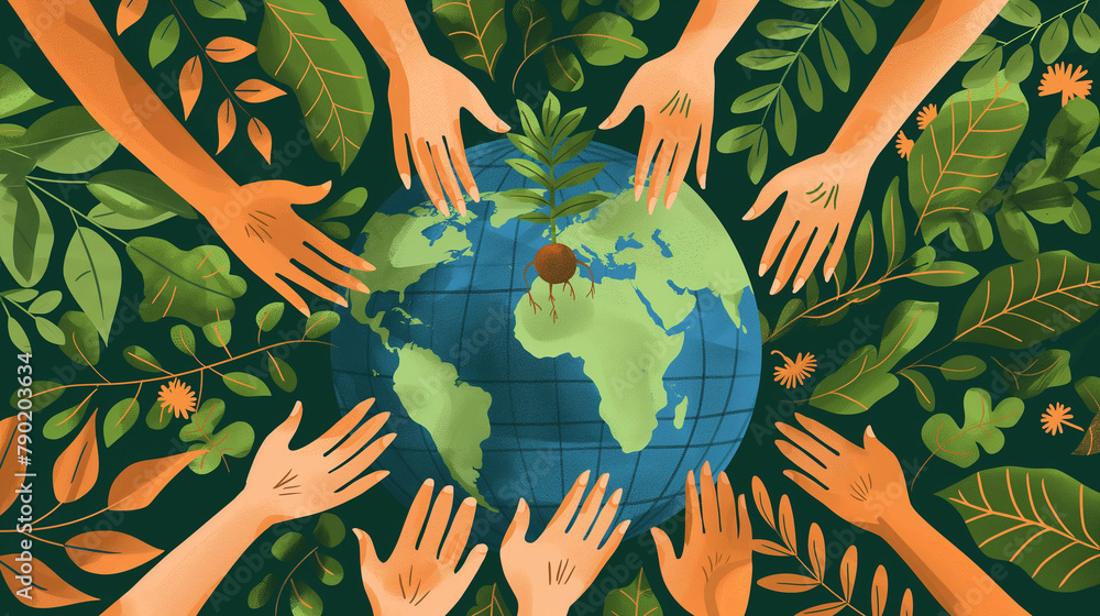 An illustration of diverse hands planting trees around a globe ...