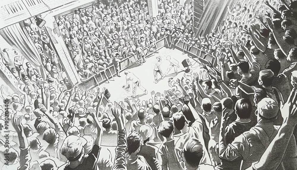 Illustrate a detailed pen and ink drawing of a high-angle view of a ...