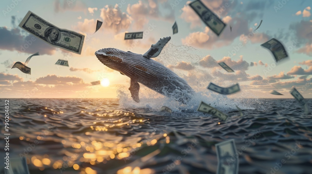 Humpback Whale Breaching Ocean Surface with Flying Dollar Bills ...