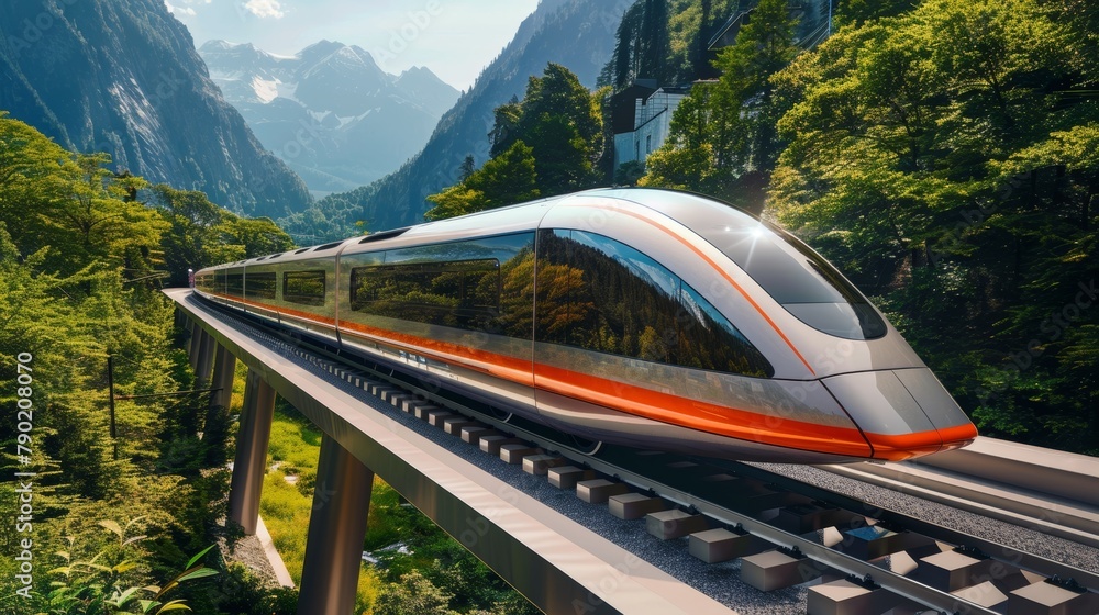 A modern high-speed train crossing a steel bridge over a serene river ...