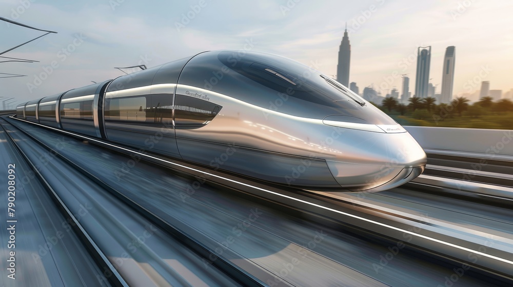 A modern high-speed train crossing a steel bridge over a serene river ...