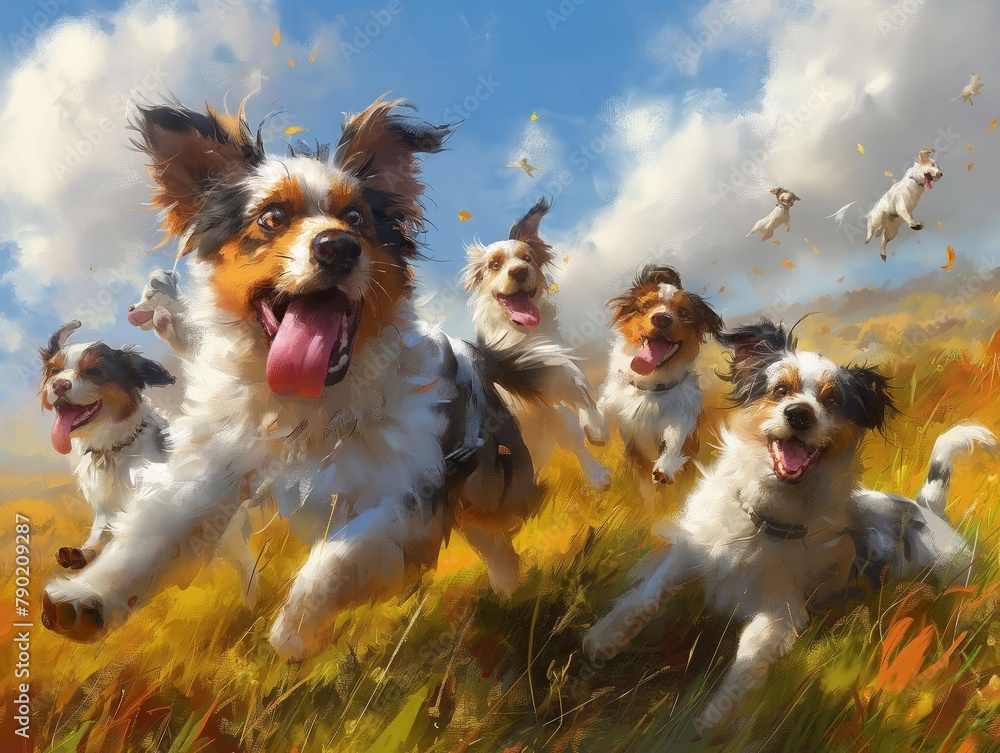 A painting of a group of dogs running through a field. The mood of the ...