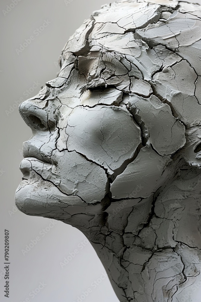 Illustrate a side view clay sculpture of a somber figure, showcasing ...