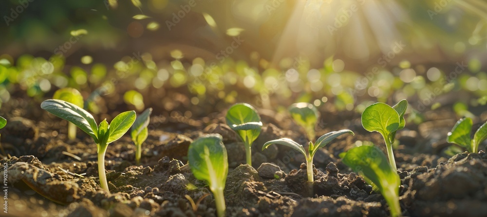 Green shoots stretching out of the soil. The concept of gardening and ...