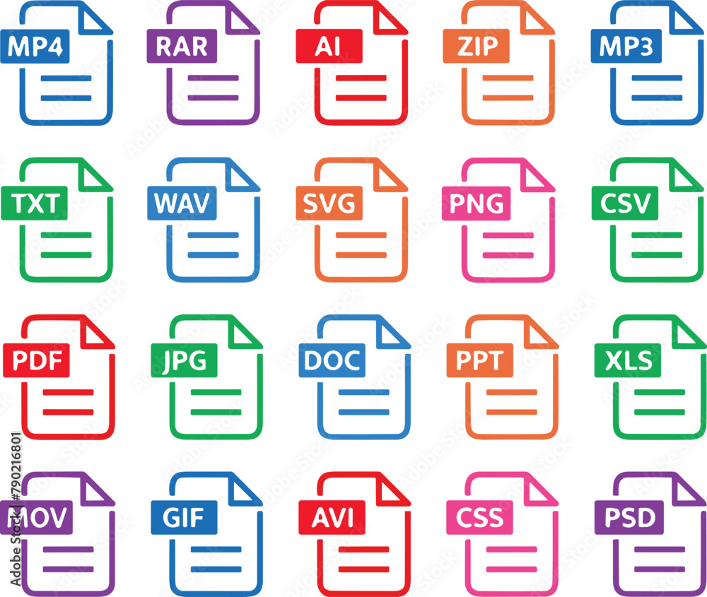 File type icon set. Popular files format and document. Format and extension of documents. Set of ...