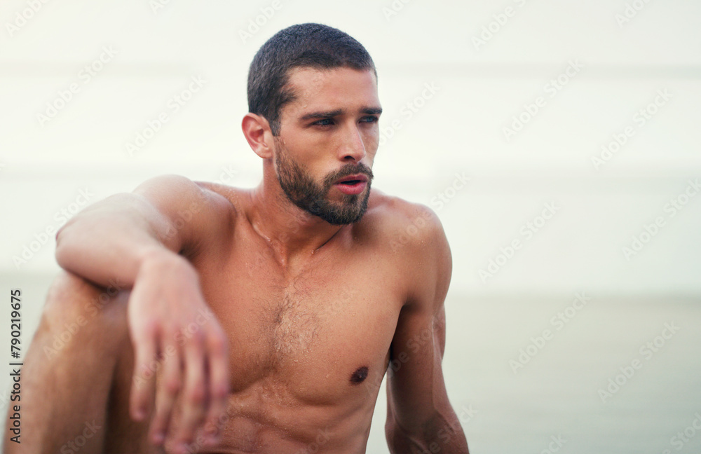 Male athlete, rest and shirtless for sports, exercise and fit in ...