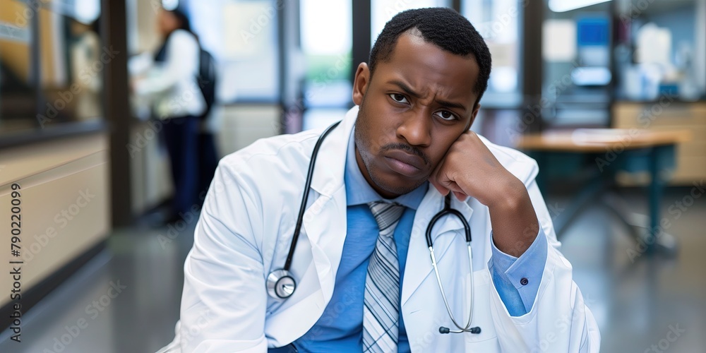 African American Doctor with Grumpy Expression Sitting in Hospital ...