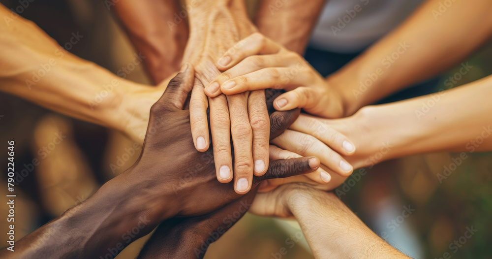 Hands, huddle and diversity with support, helping others and solidarity ...