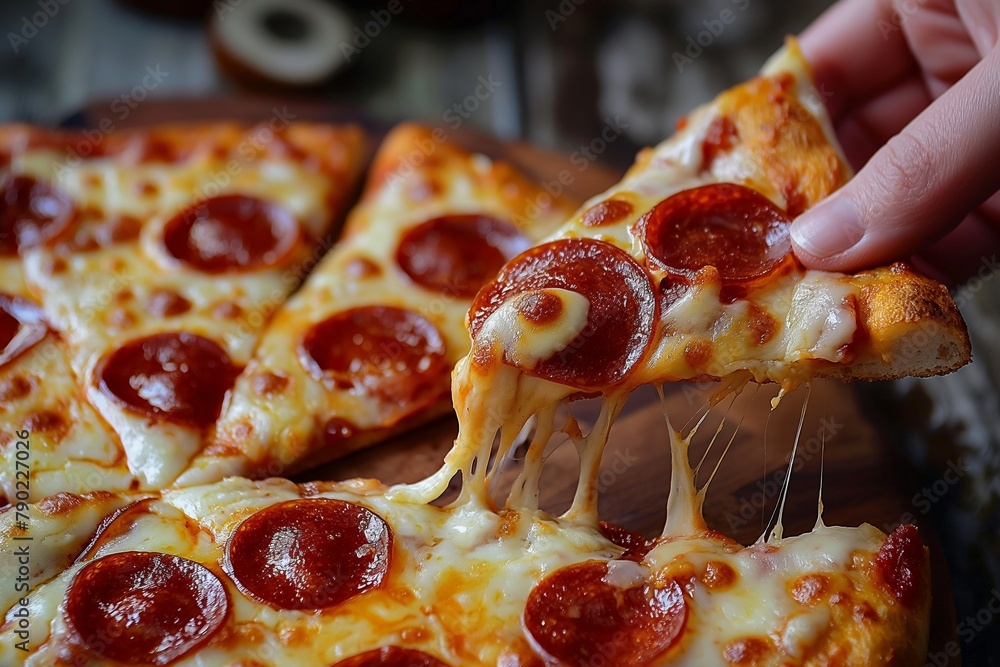 a hand taking a piece of cheesy pepperoni pizza closeup, a piece of ...