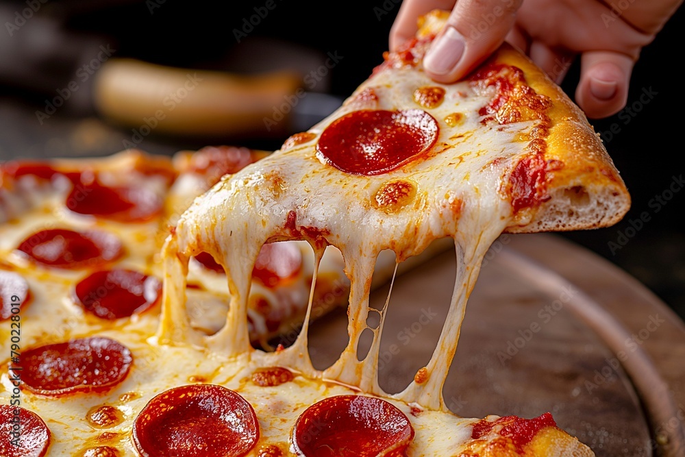 a hand taking a piece of cheesy pepperoni pizza closeup, a piece of ...