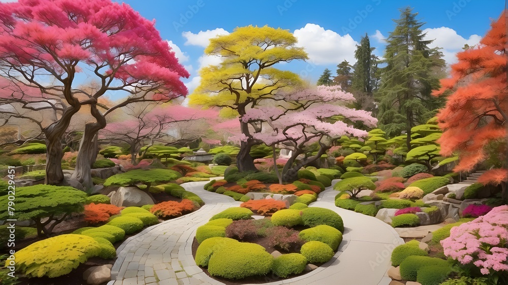 Japanese garden in springtime, featuring colorful trees and a winding ...