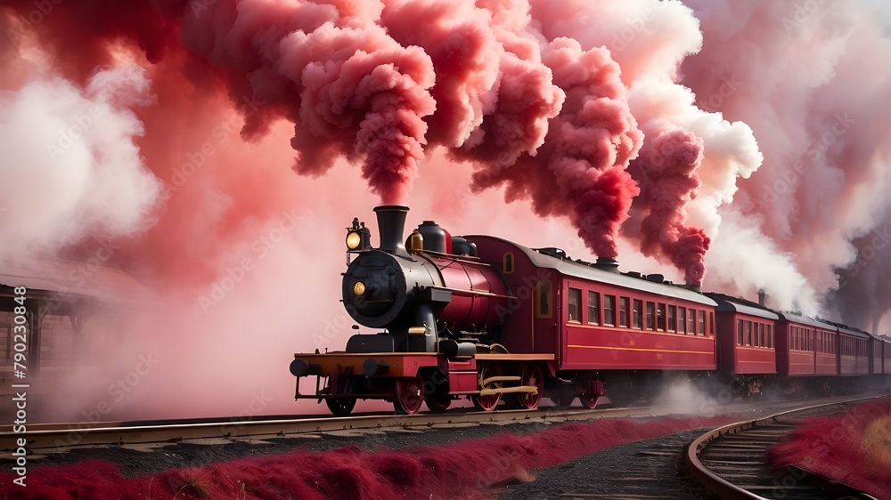 An old-fashioned steam-driven train amid crimson smoke. railroad with ...