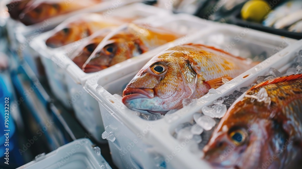 Fresh fish stored in a styrofoam container Chilled fish at a retail ...