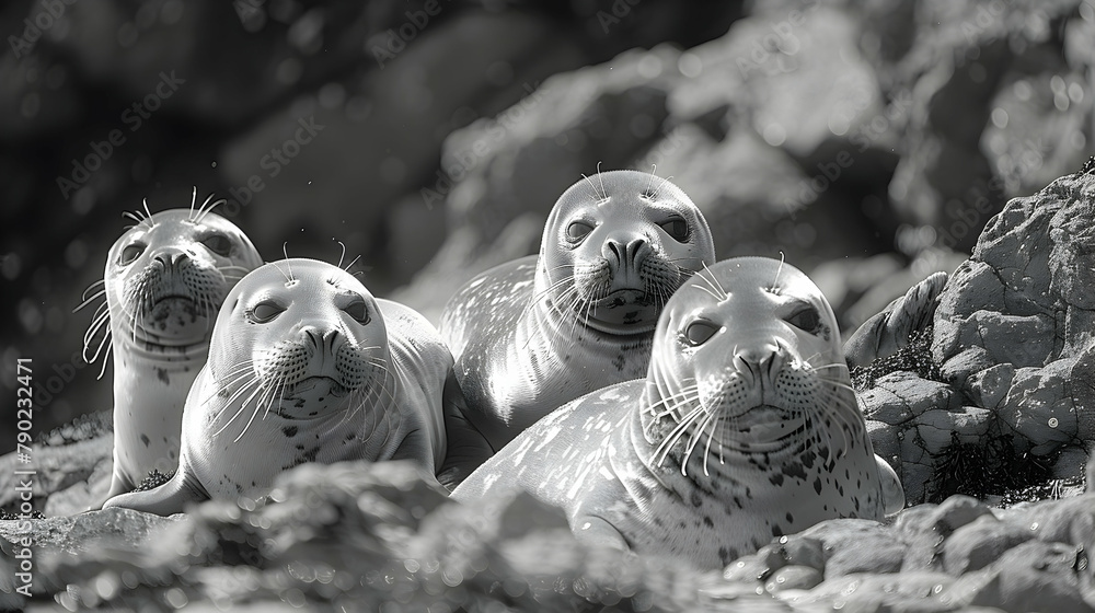 A group of seals sunbathing on rocky shores, their bodies packed ...