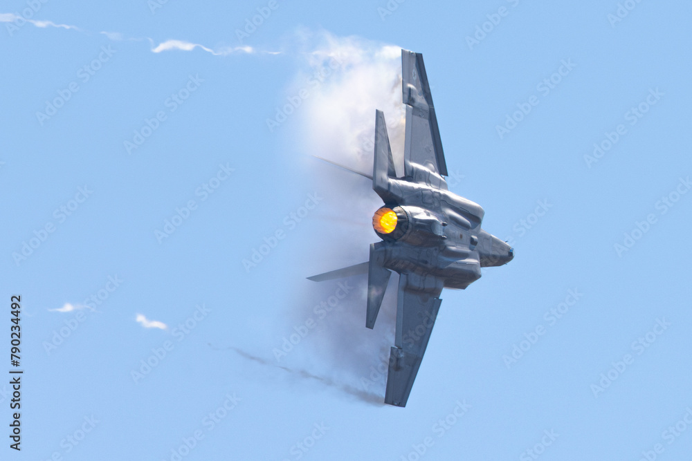 Very close view of a F-35C Lightning II in a high G turn, in a ...